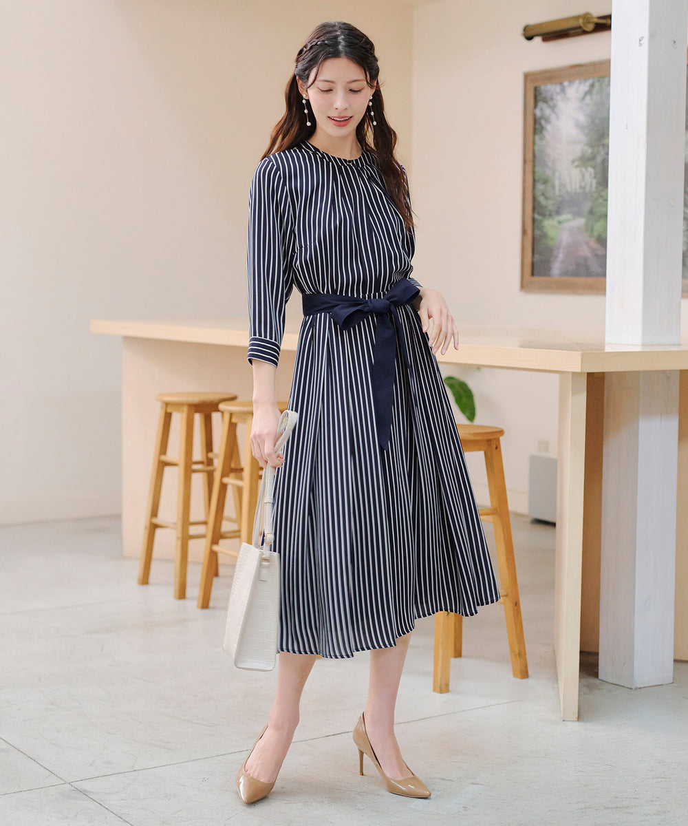 【2WAY】バンドカラーストライプリボンワンピース – Tiaclasse